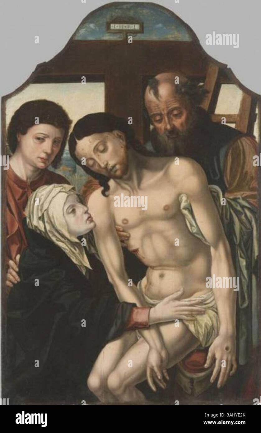 This 16th-century painting after Rogier van der Weyden depicts the Descent from the Cross. The ...