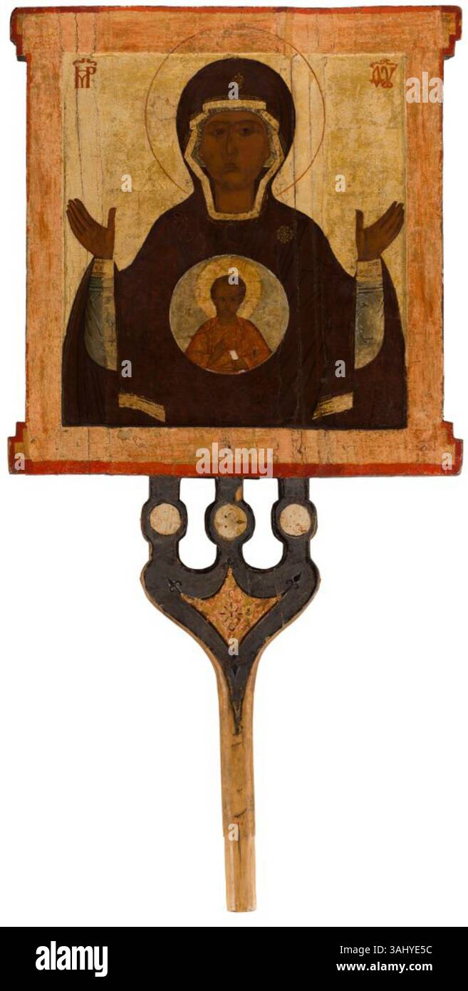 The icon *The Virgin of the Sign* (*Znamenie*) depicts the Virgin Mary ...