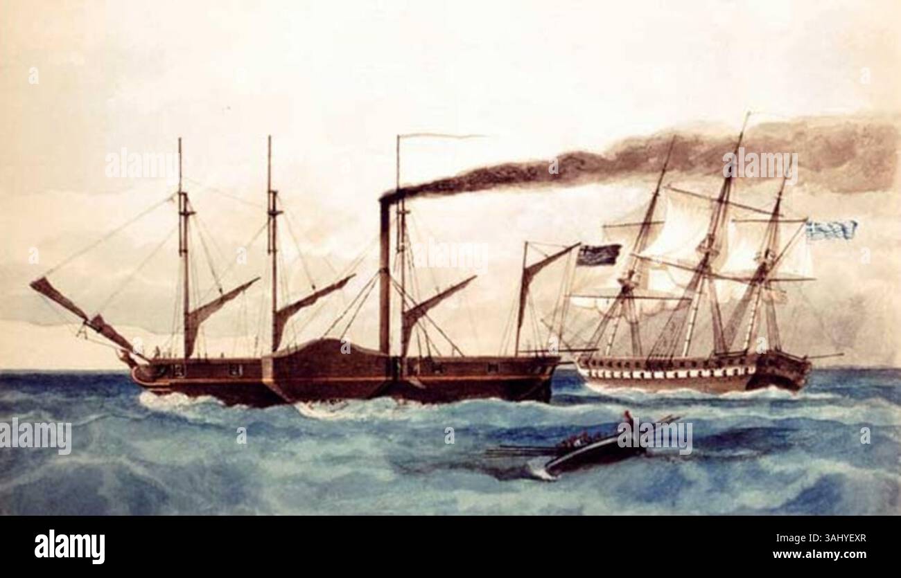 This painting by Karl Krazeisen from 1827 depicts the Greek steamship ...