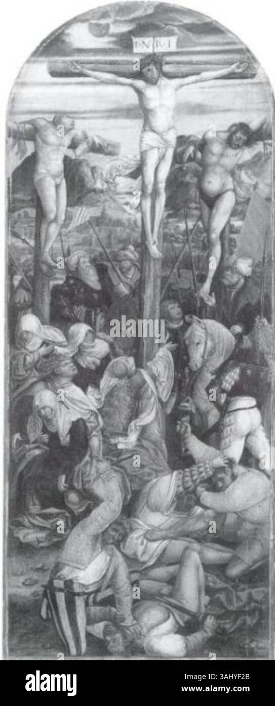 An anonymous 16th-century painting from the Danube region depicting the Crucifixion of Jesus, an ...