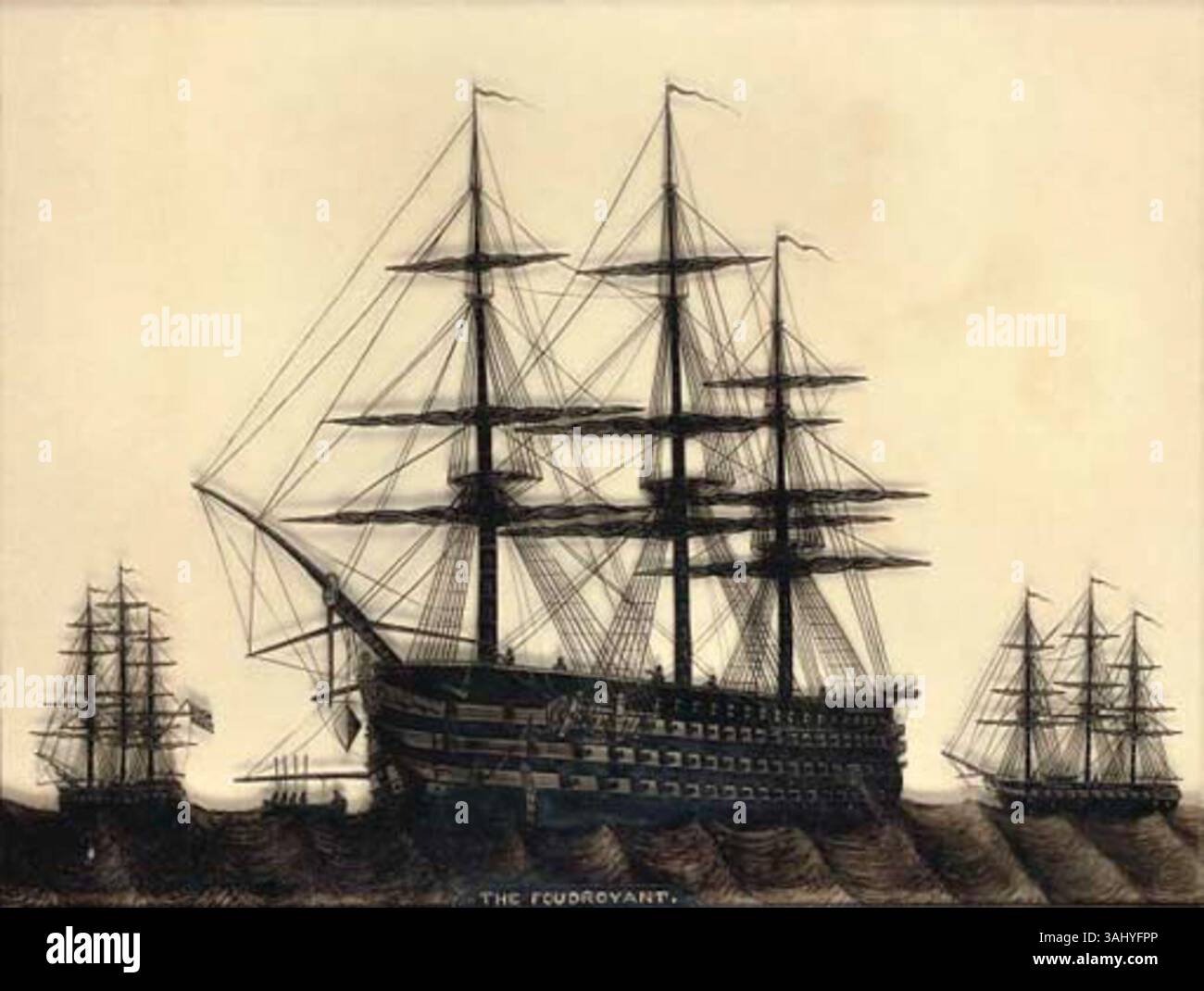 A late 19th-century reverse glass silhouette of H.M.S. Foudroyant, an ...