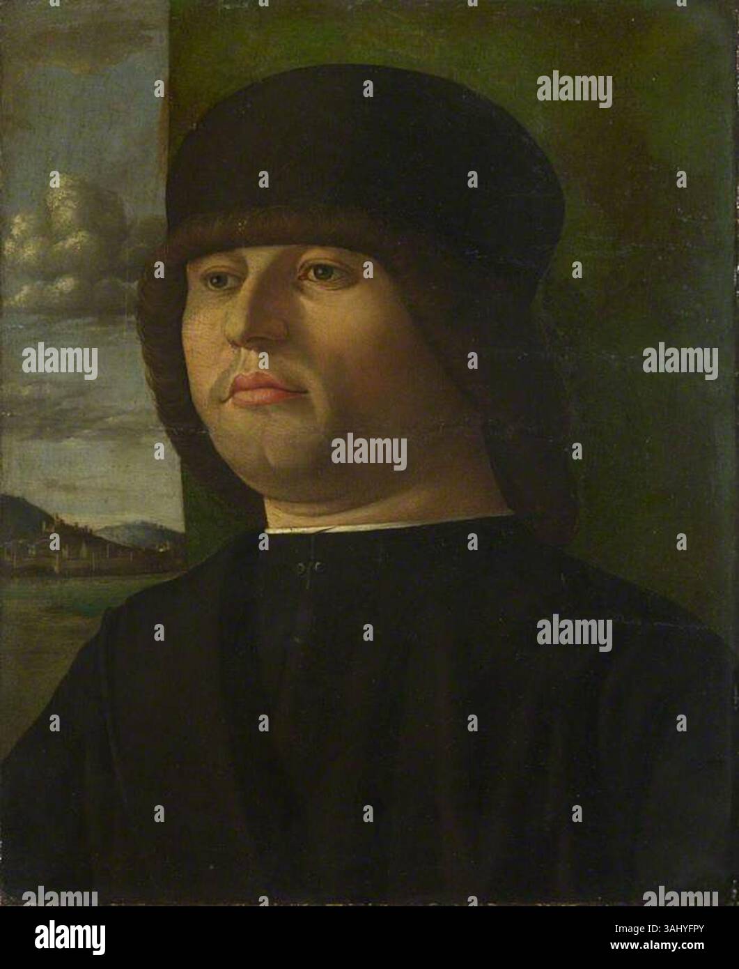This Venetian painting, dated circa 1500, portrays a man in black, an ...