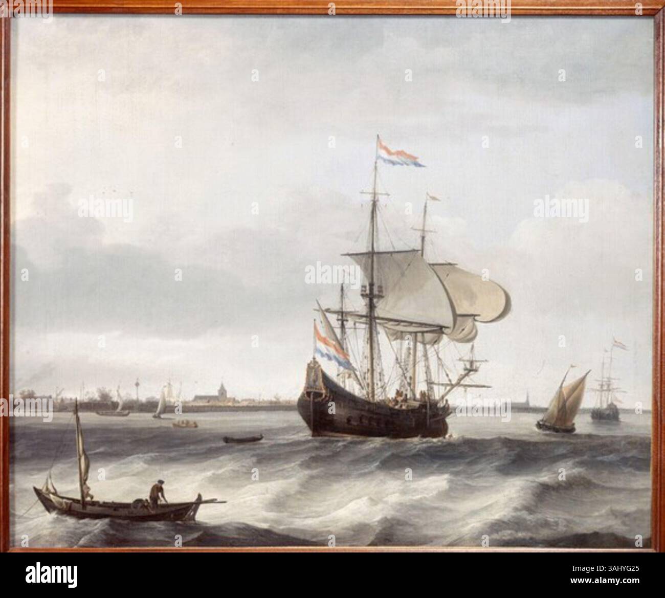 This painting, dating from 1649 to 1669, depicts a fluit ship at an ...