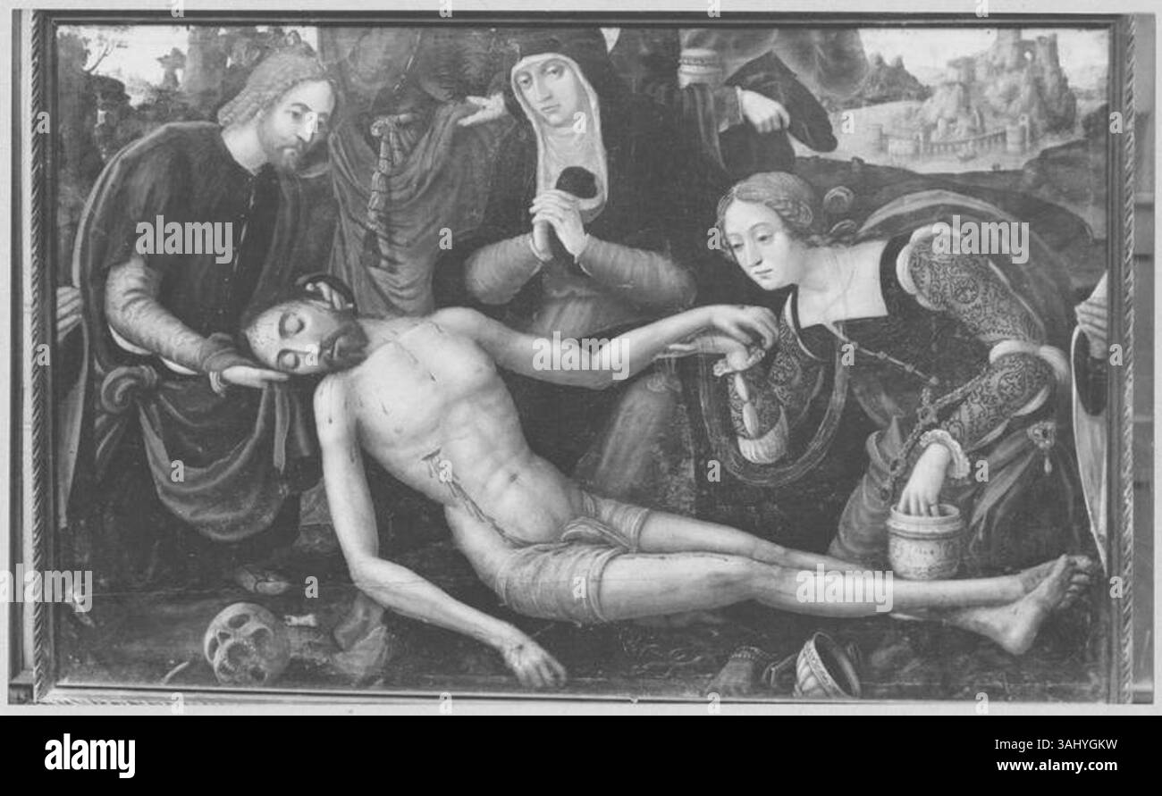 A painting titled 'Déploration du Christ mort' by Gilbert II Vandelant, created in 1544. The oil ...