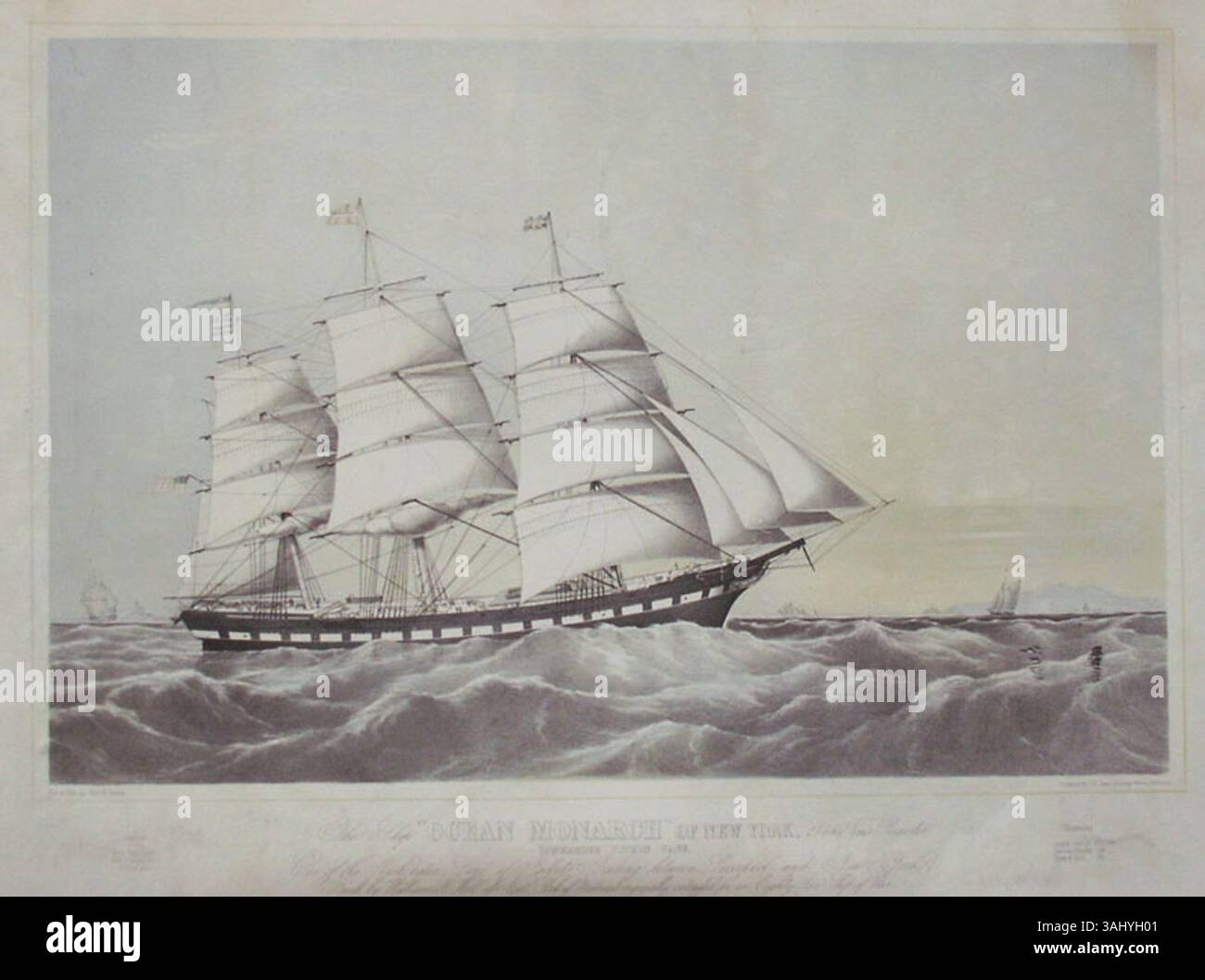 This lithograph by John R. Isaac depicts the 'Ocean Monarch,' a large ...