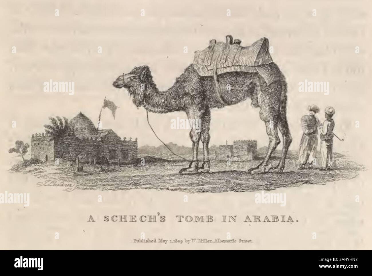This hand-colored engraving depicts the tomb of a Schech in Arabia ...