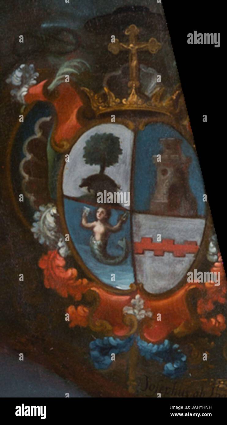 The 18th-century oil on canvas painting features the coat of arms of ...