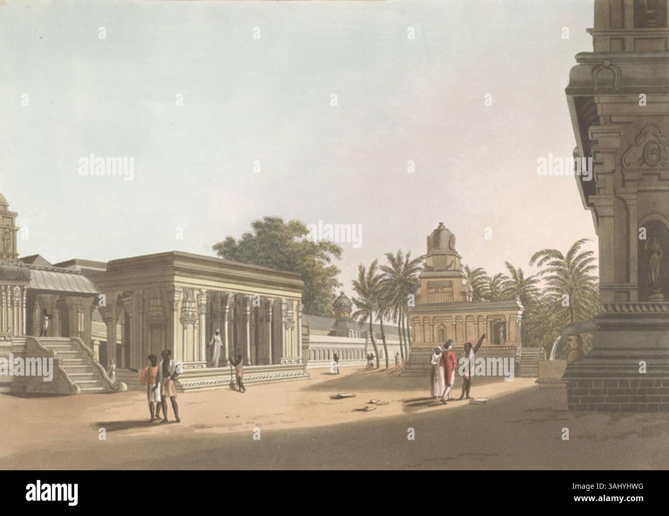 An aquatint depicting the interior of a South Indian temple complex ...