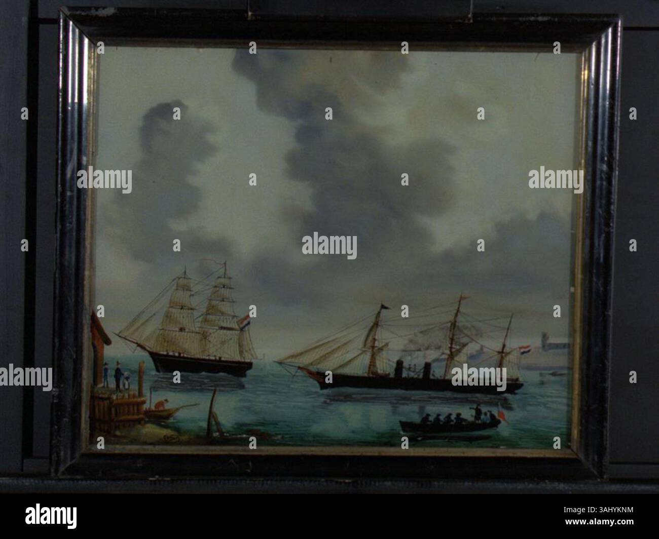 Anonymous 19th-century painting depicting a Dutch warship and a brig ...