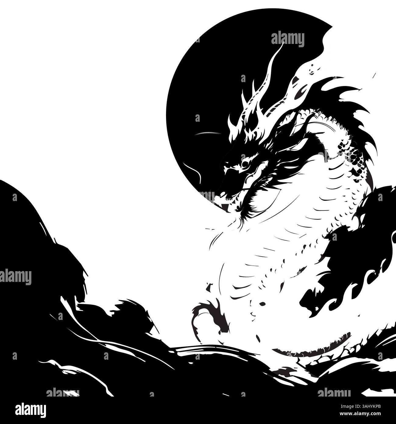 Expressive ink texture, this dragon illustration contrasts sharp edges ...