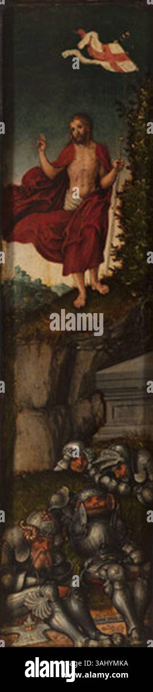 Attributed to Lucas Cranach the Elder, this painting portrays the crucifixion of Christ, with a ...