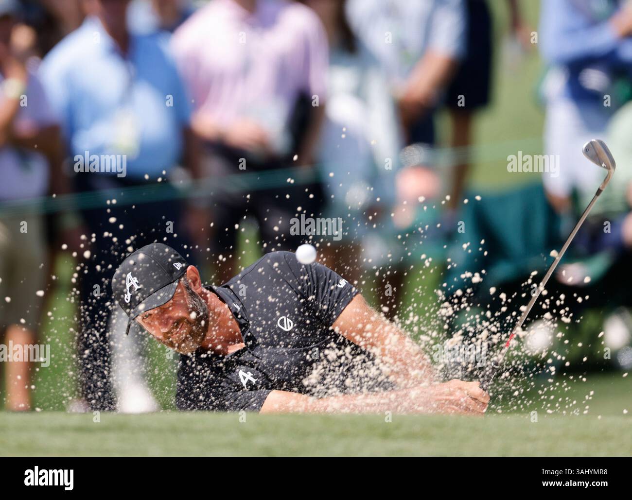 Augusta, United States. 10th Apr, 2025. Dustin Johnson.hits out of a ...