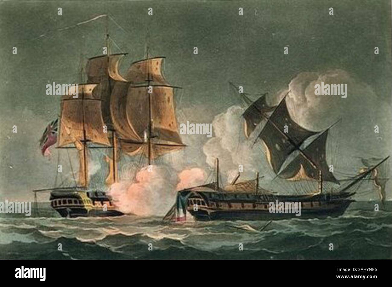This artwork depicts the capture of the British ship HMS Sybille ...