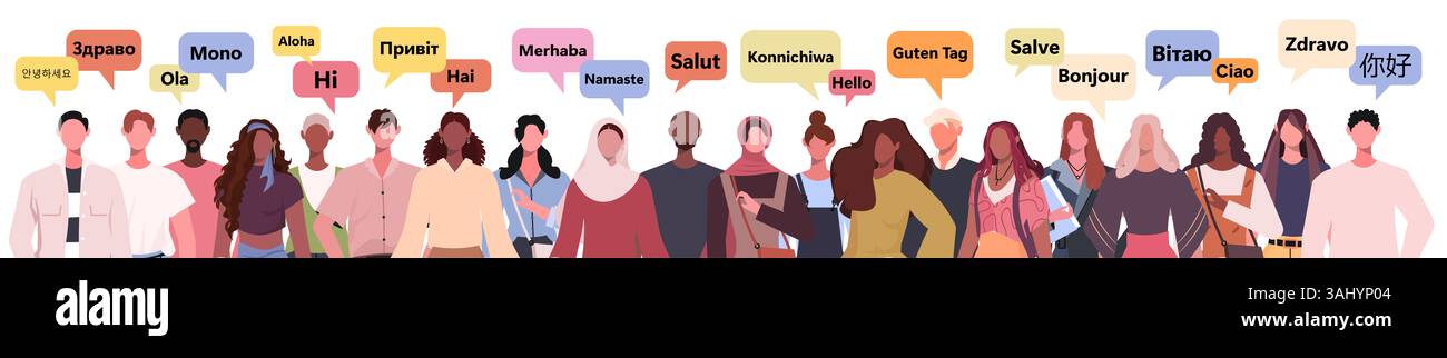 Set of multiethnic people say hello in different languages. Dialogues ...