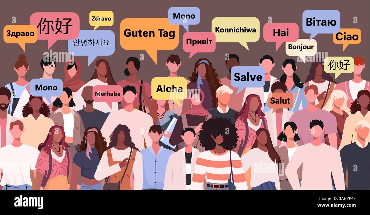 Diverse group of people say hello in different languages. Speech ...