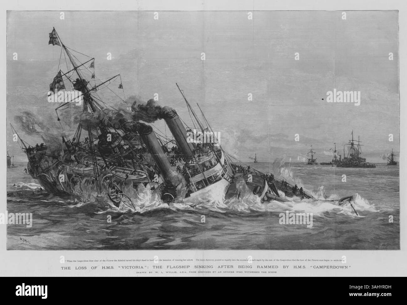 This 1893 wood engraving illustrates the sinking of HMS *Victoria*, the ...