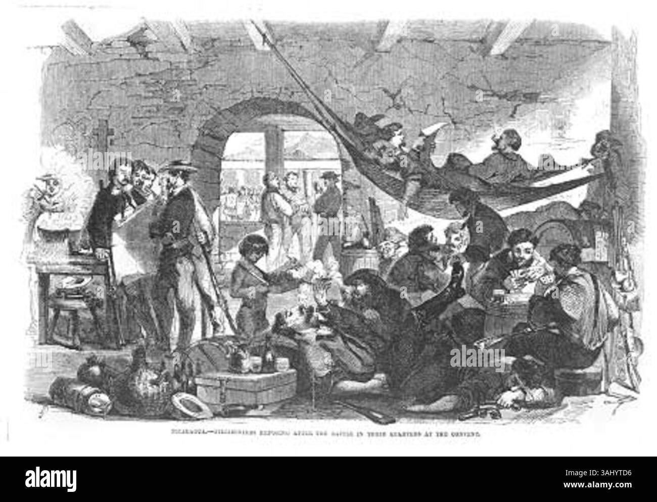 The illustration depicts filibusters resting in their quarters at a ...