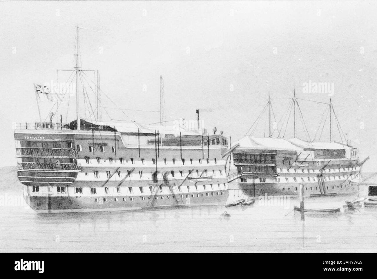 A 19th-century watercolor painting depicting HMS 'Excellent' and HMS ...