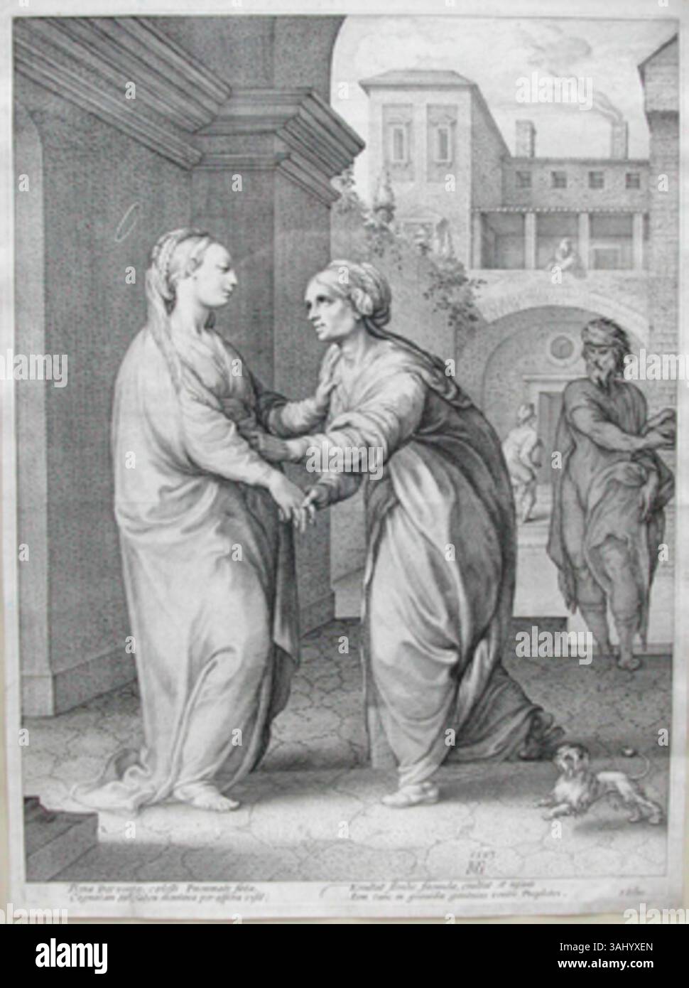 A 1593 print by Hendrik Goltzius, *The Visitation*, shows the biblical scene of Mary visiting ...