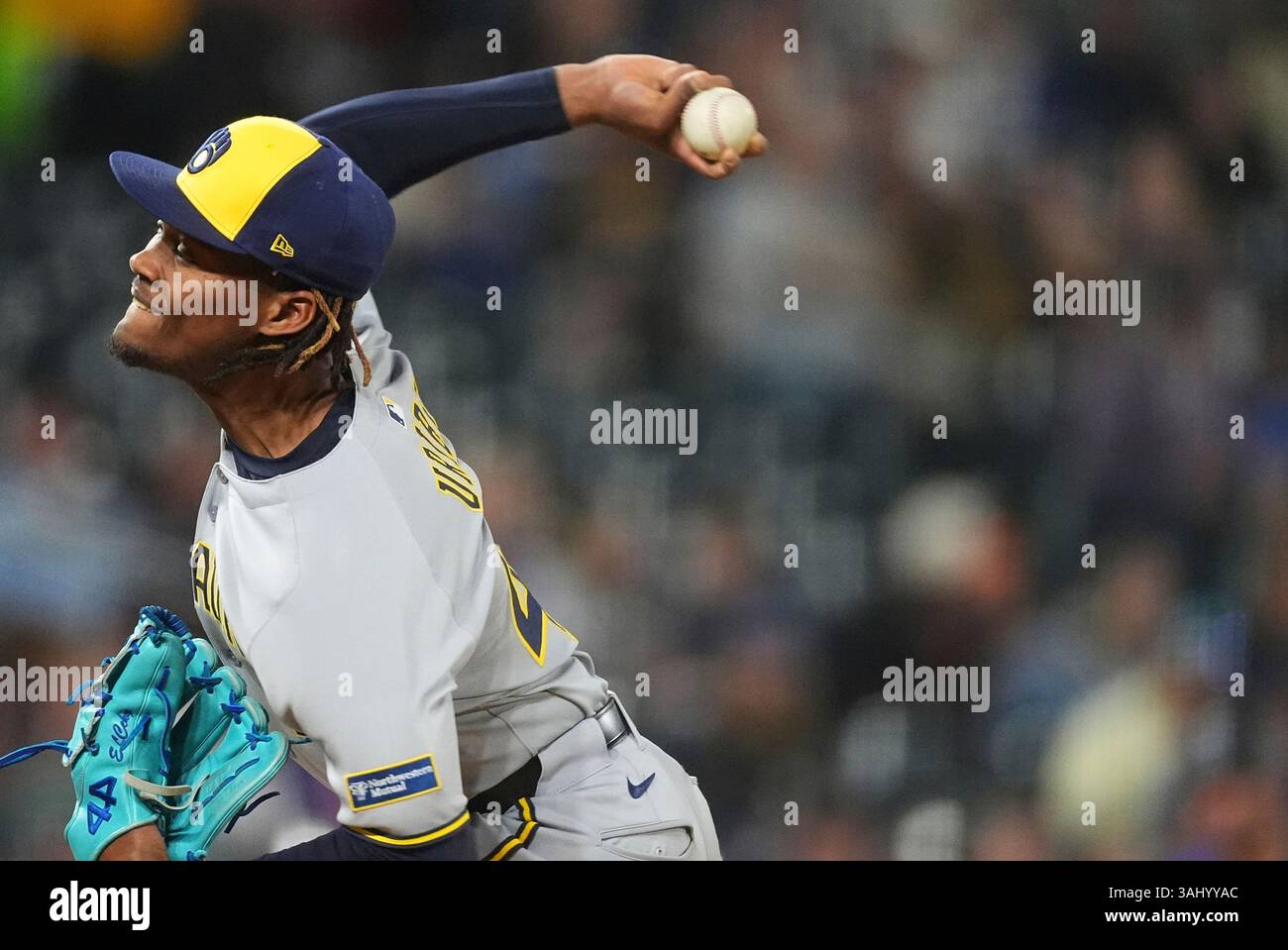 Milwaukee Brewers pitcher Abner Uribe (45) in the sixth inning of a ...