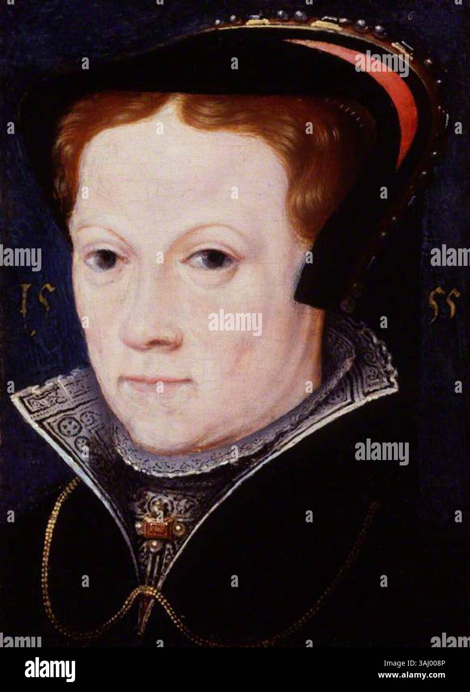 A 1555 copy of Antonis Mor’s portrait of Queen Mary I of England, this painting depicts the ...