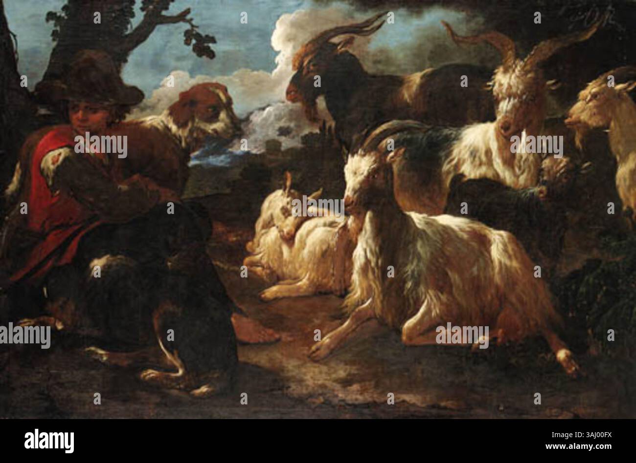 Philipp Peter Roos's painting of a young goatherd with two dogs and six ...