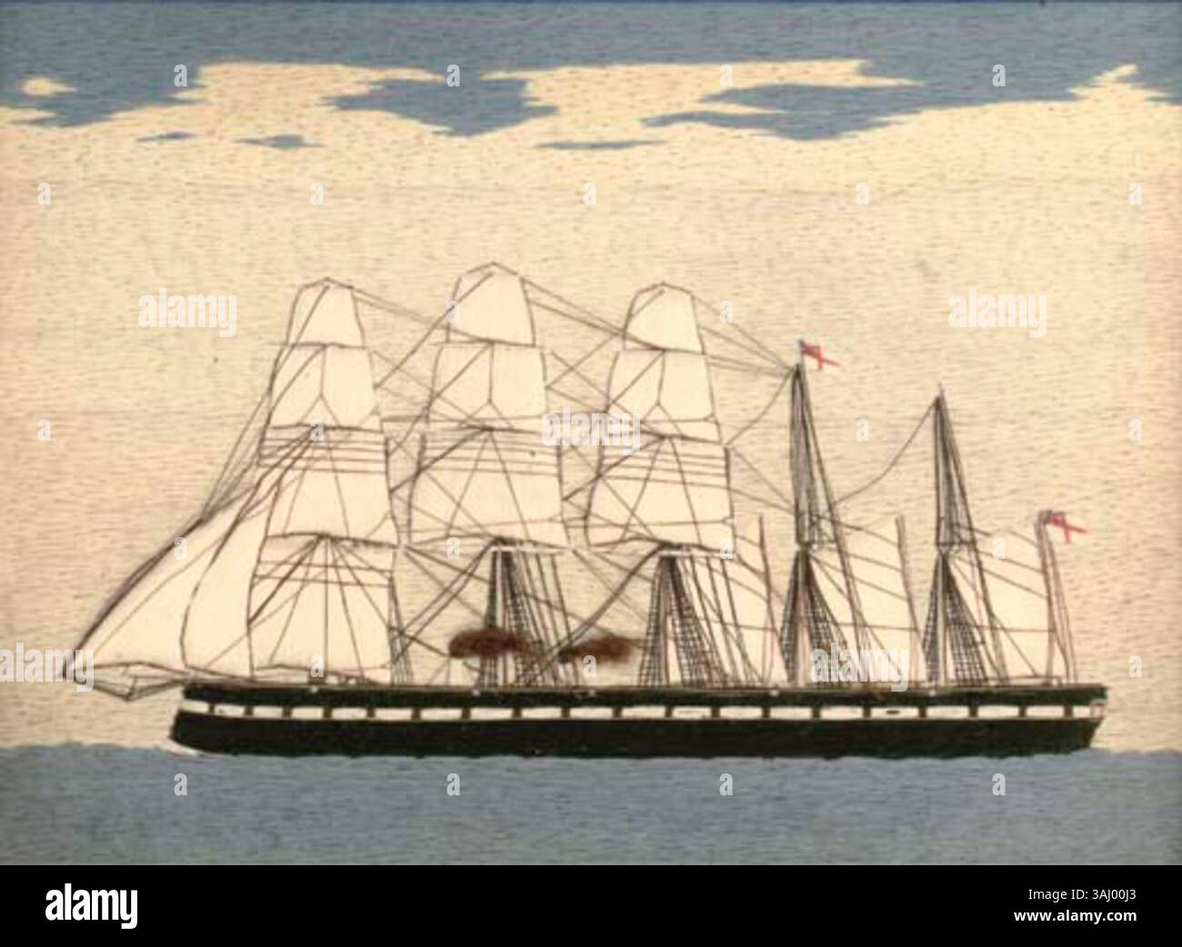 19th-century woolwork picture of the Royal Navy auxiliary sailing ship ...