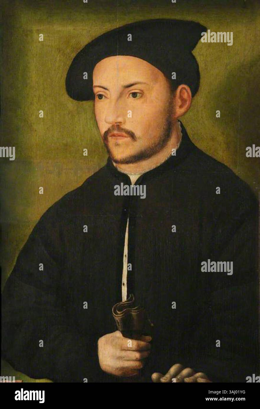 This 16th-century portrait, painted in oil on panel, depicts an unknown gentleman holding a ...