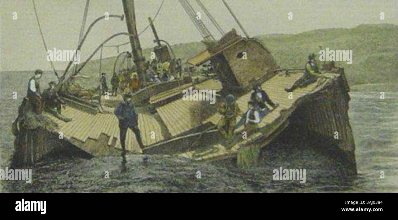 Hand-coloured reproduction of the remains of the steamship 'Queen ...