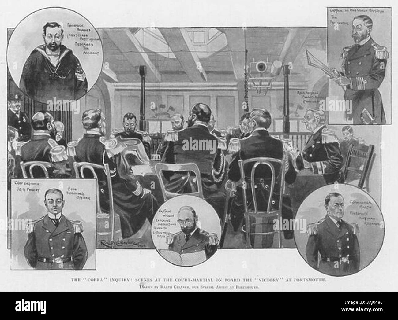 The illustration depicts scenes from the 'Cobra' inquiry at the court ...