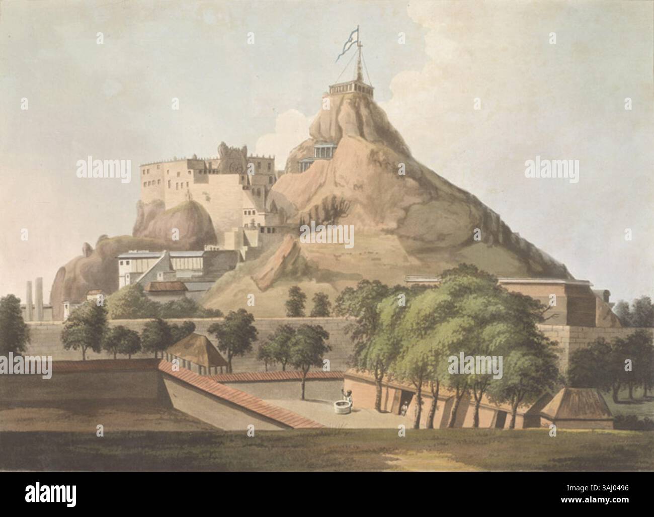 This 1804 aquatint shows a view of the Rock of Tritchinopoly, offering ...