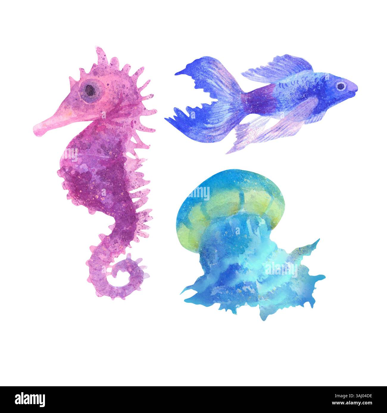 Set of neon watercolor sea animals Stock Photo - Alamy