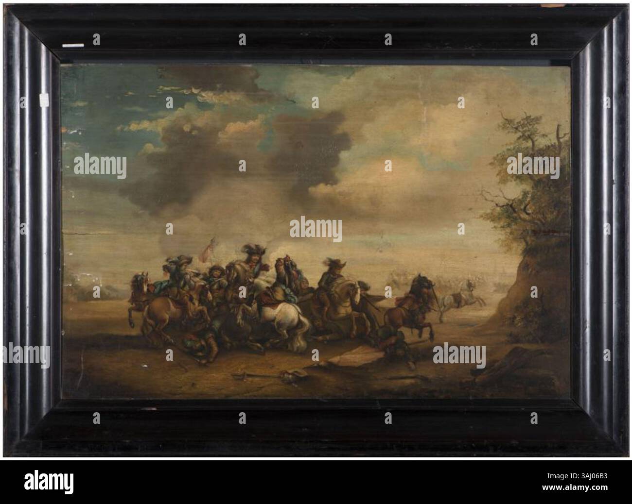 This 1749 oil on panel painting depicts a cavalry battle. It is part of ...