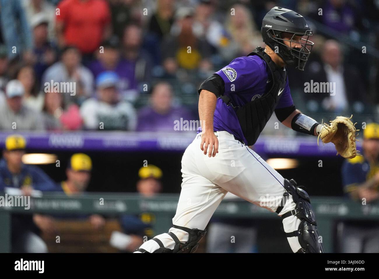 Colorado Rockies catcher Jacob Stallings (25) in the third inning of a ...