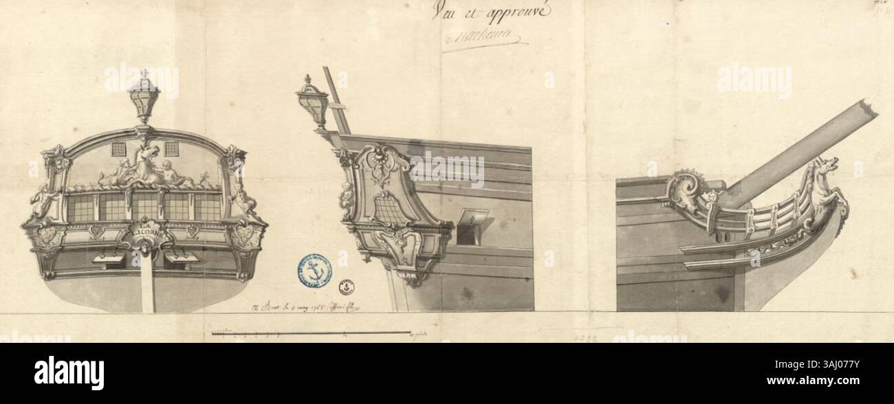 Drawings of the bow and stern ornaments of the French frigate La ...