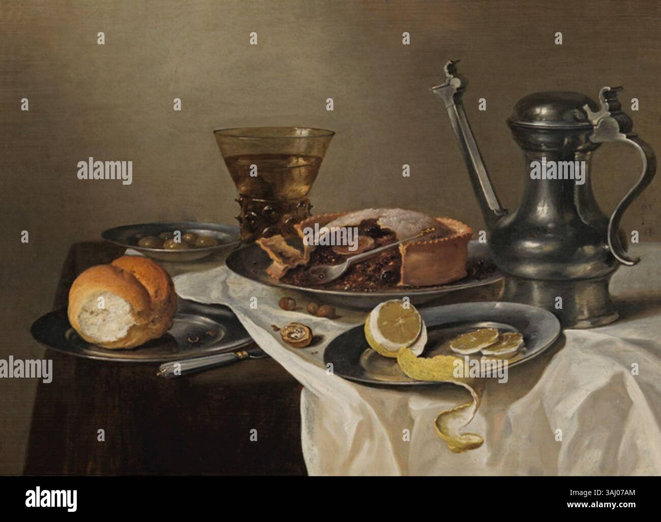This 1642 painting by Pieter Claesz depicts a meal with a fruit pie and ...