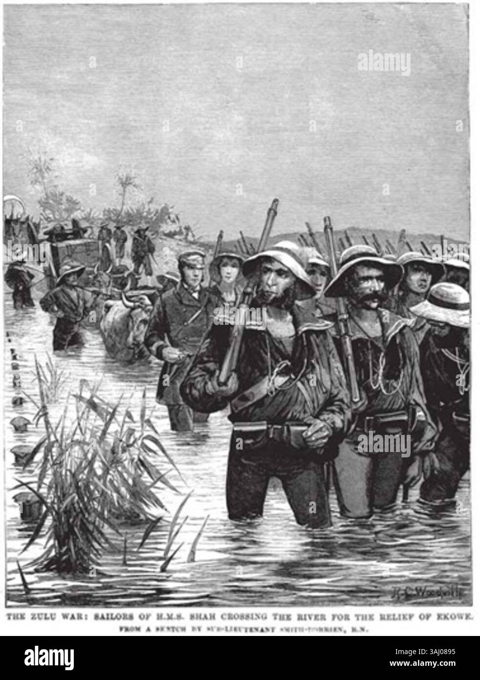 The Zulu War, 3 May 1879, depicts sailors of HMS Shah crossing the ...
