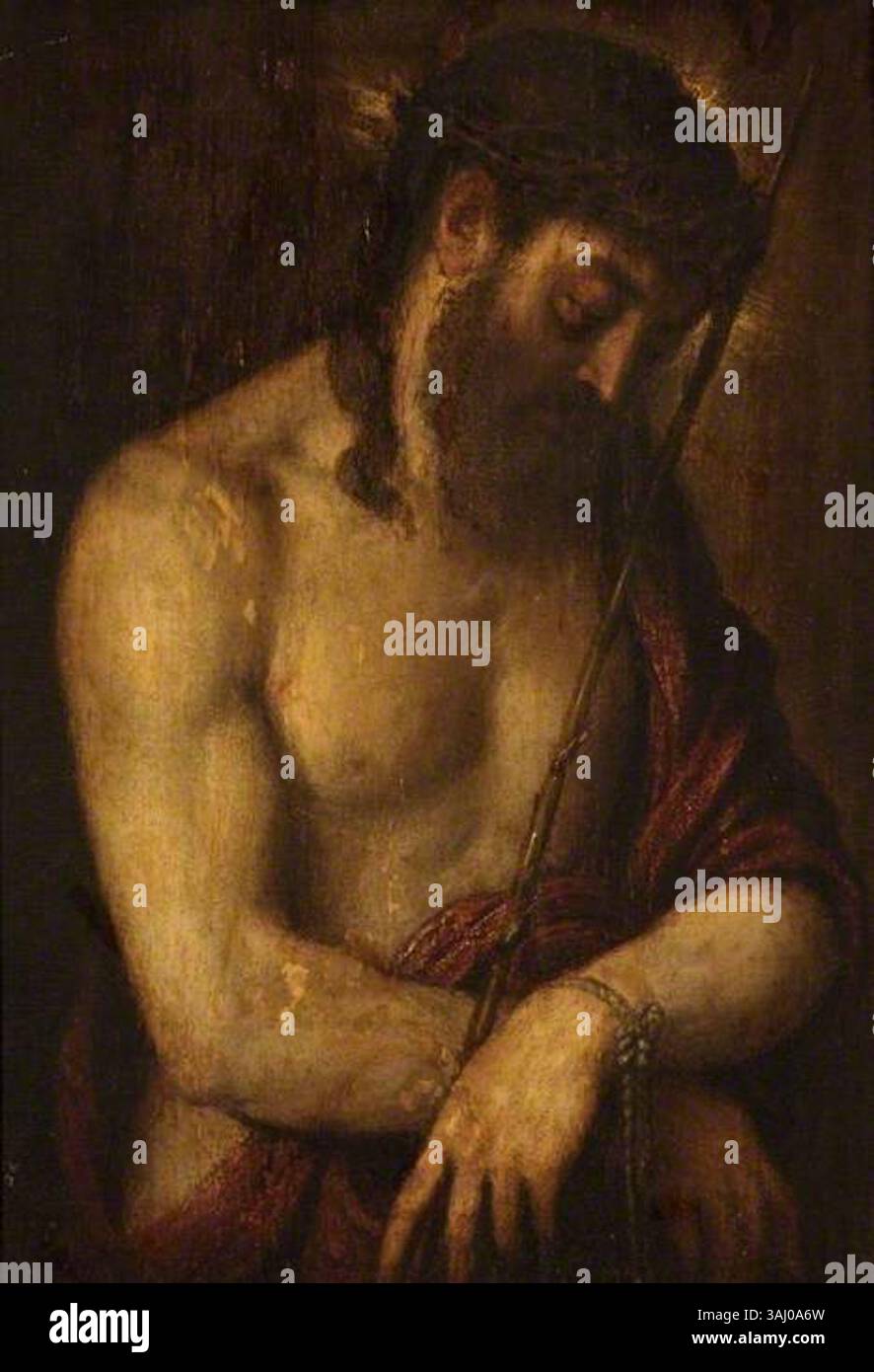 This painting, attributed to Titian, portrays the biblical scene of Ecce Homo, showing Jesus ...