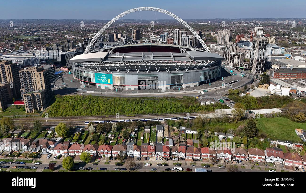 A view taken from a drone camera of Wembley Stadium, London. Picture ...