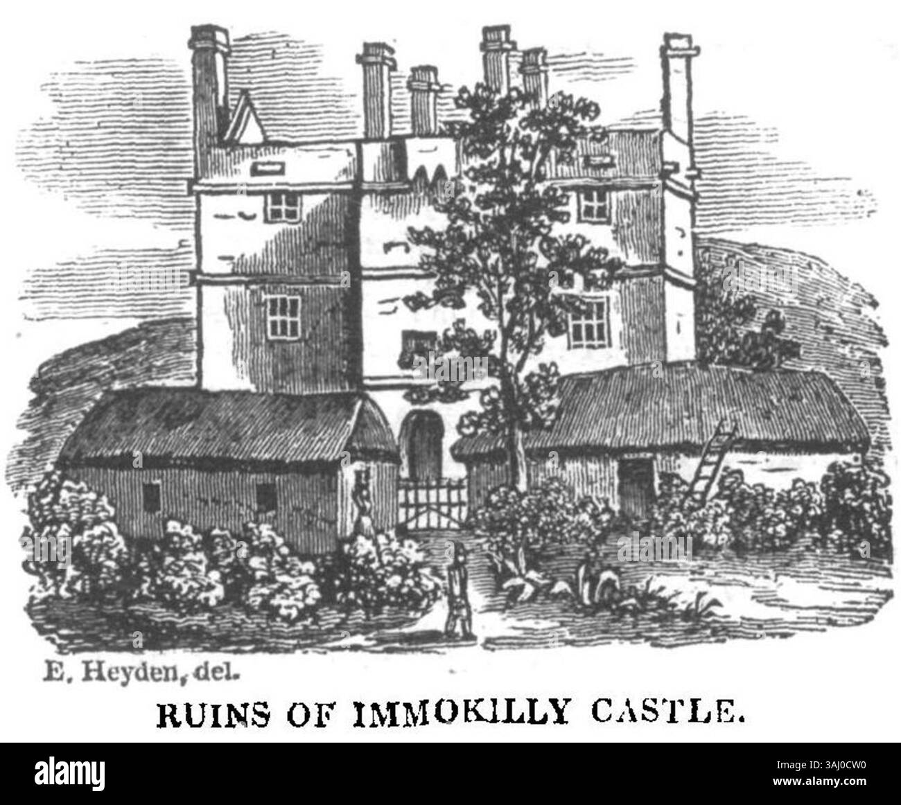 A detailed depiction of the ruins of Immokilly Castle in Ireland, drawn ...