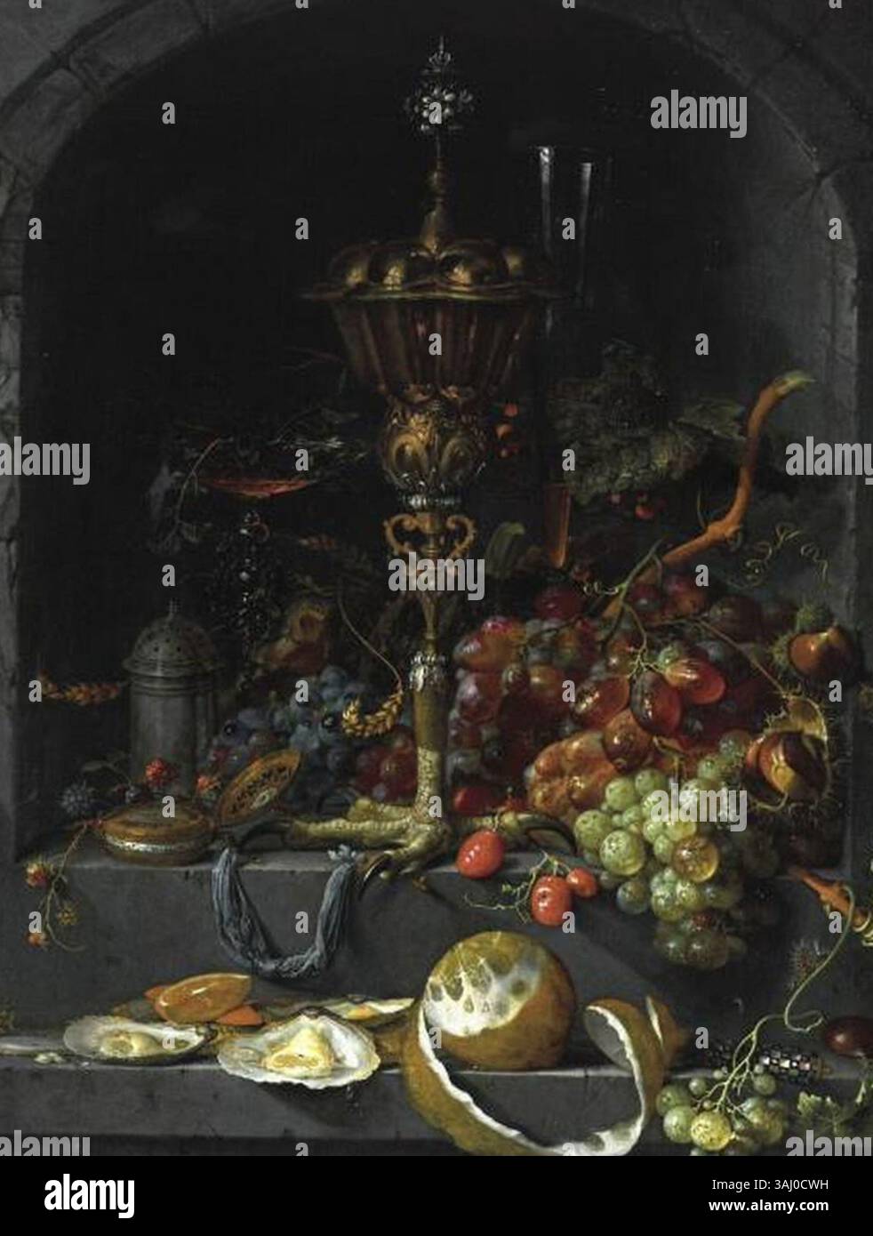 This 1665 still life by Abraham Mignon depicts fruit and a chalice in a ...