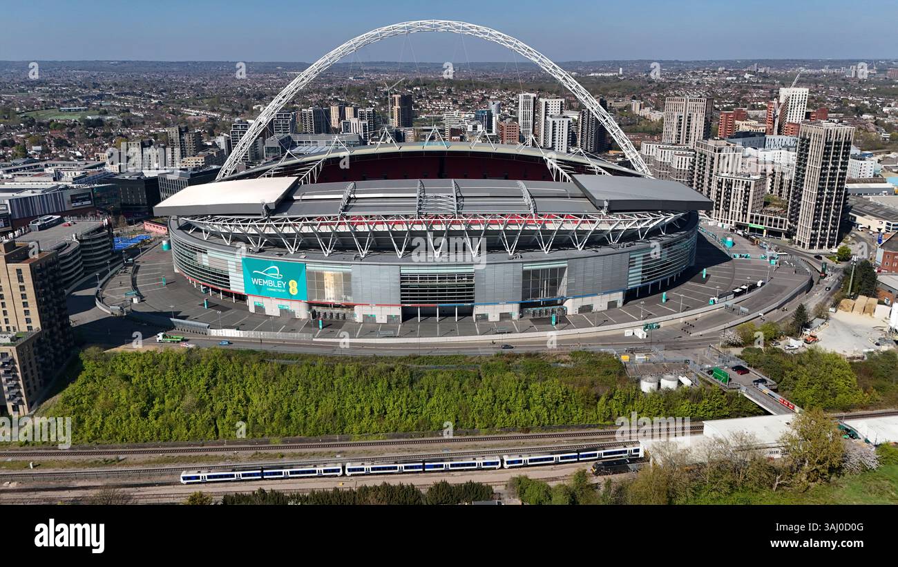 A view taken from a drone camera of Wembley Stadium, London. Picture ...