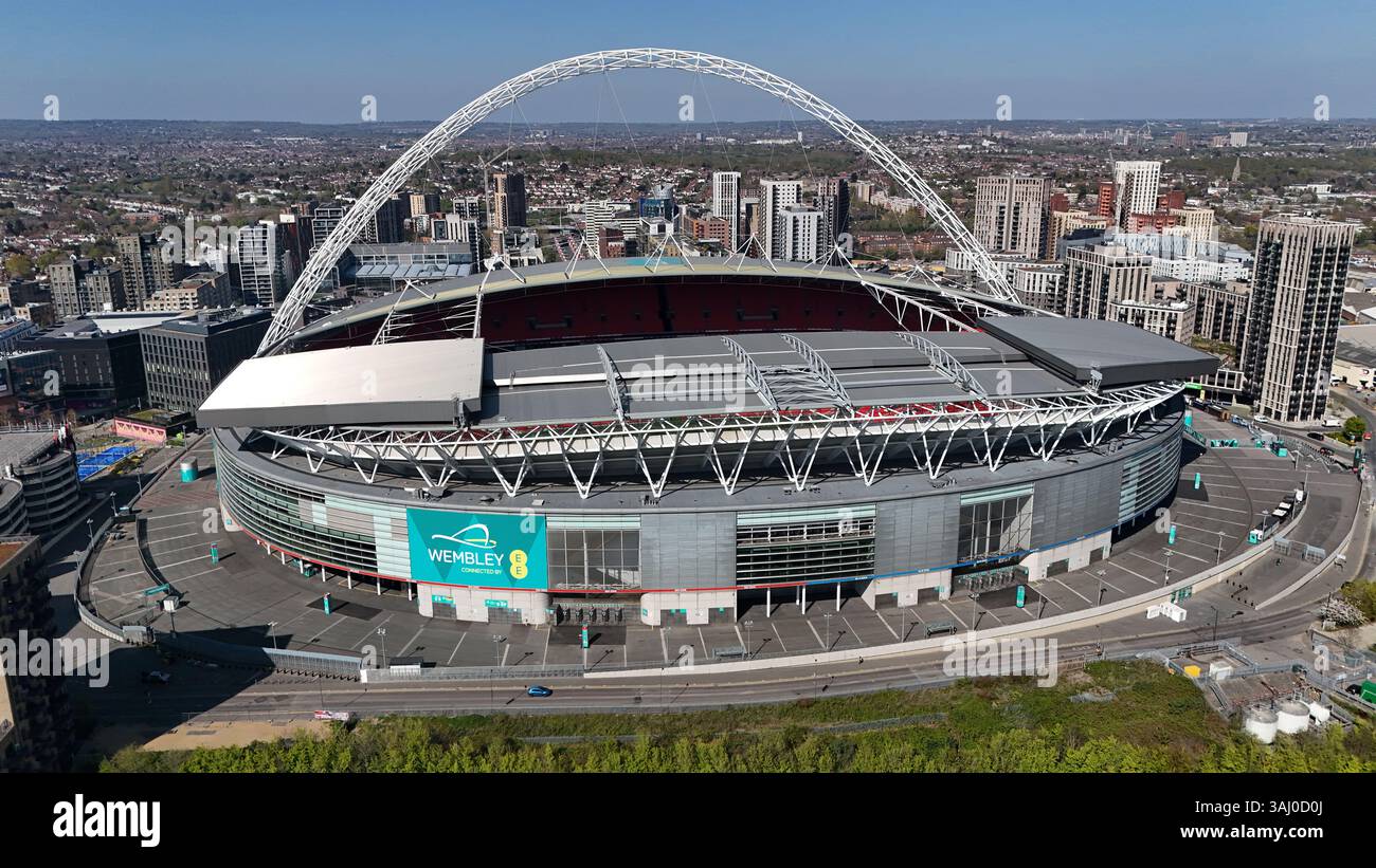 A view taken from a drone camera of Wembley Stadium, London. Picture ...