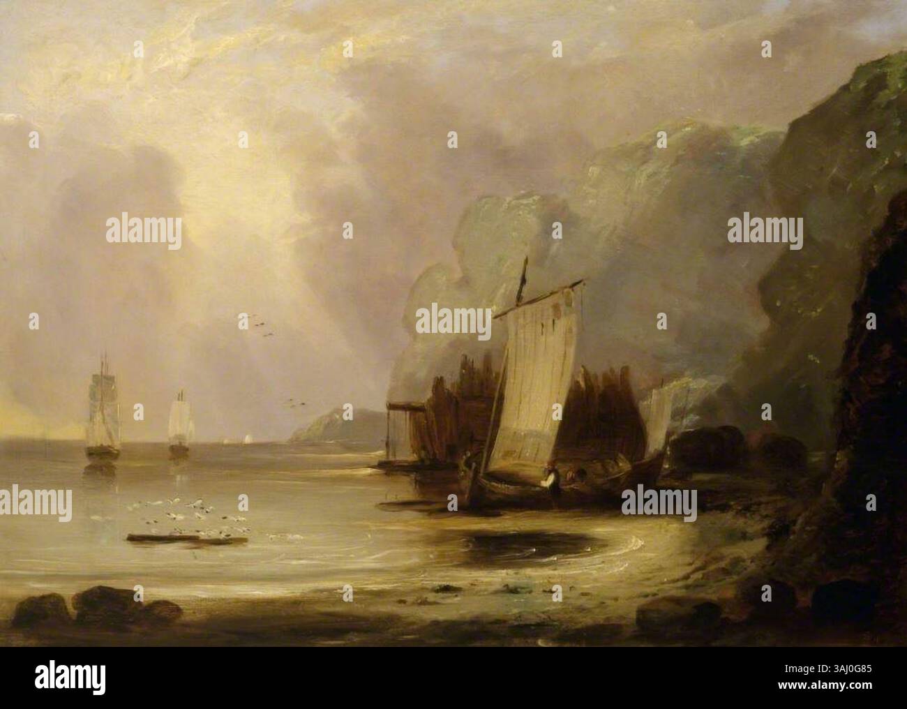 This painting from the 1800s depicts a fishing boat beached on a rocky ...