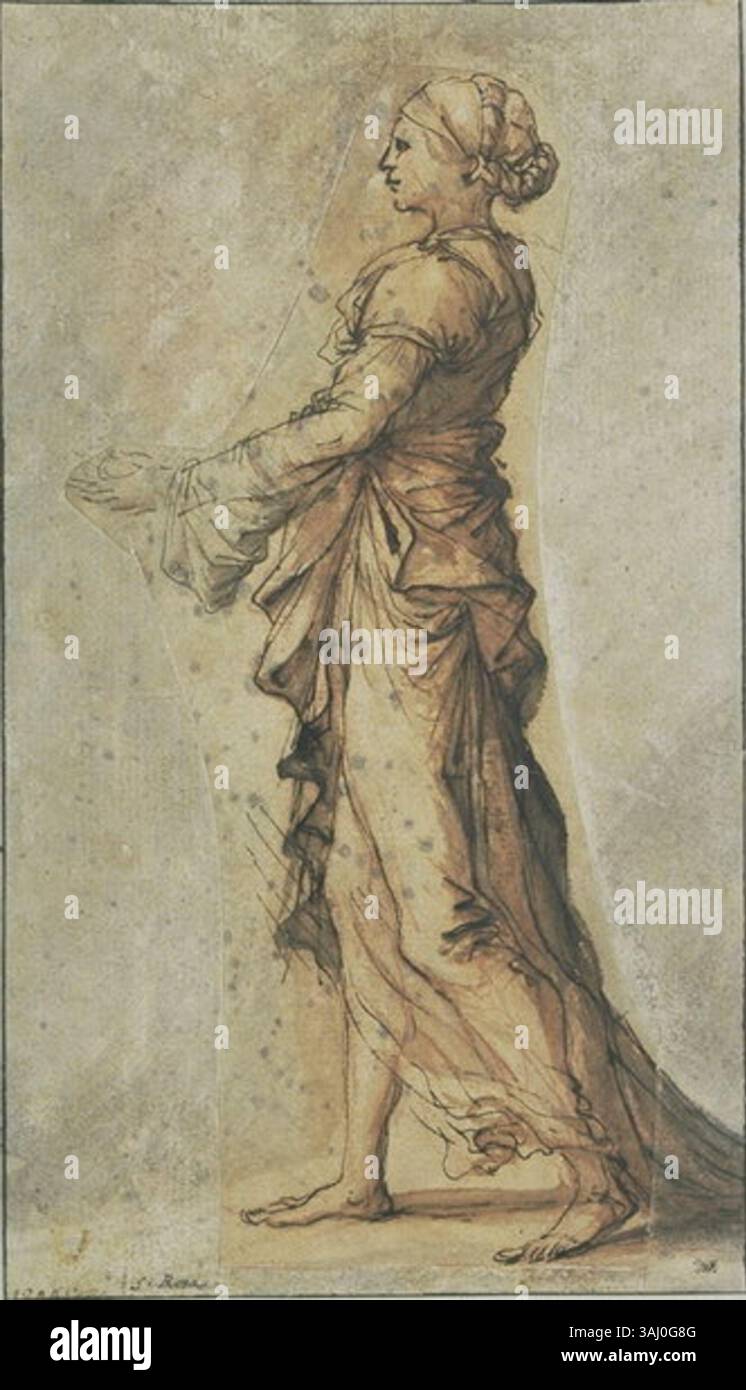 A depiction of a woman in a draped garment, carrying an object and ...