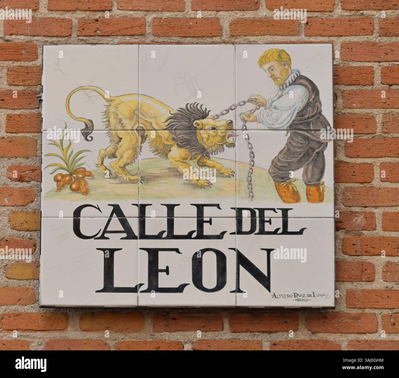 Gemaltes Straßenschild, Calle de Leon, Madrid, Spanien *** Painted ...