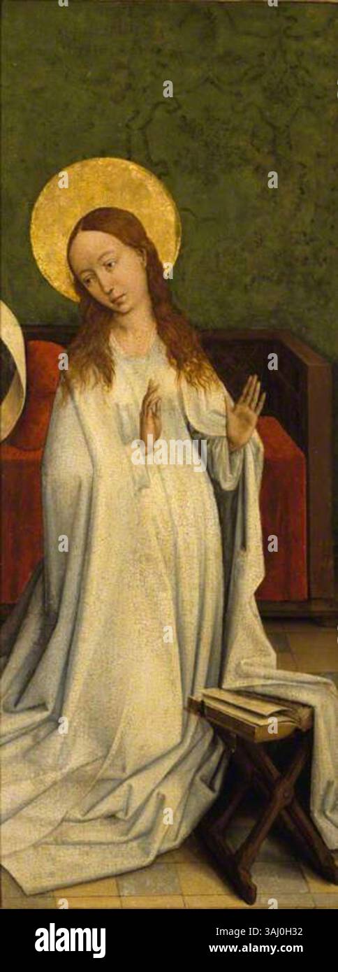 This 15th-century painting, attributed to Rogier van der Weyden, depicts the Annunciation of the ...