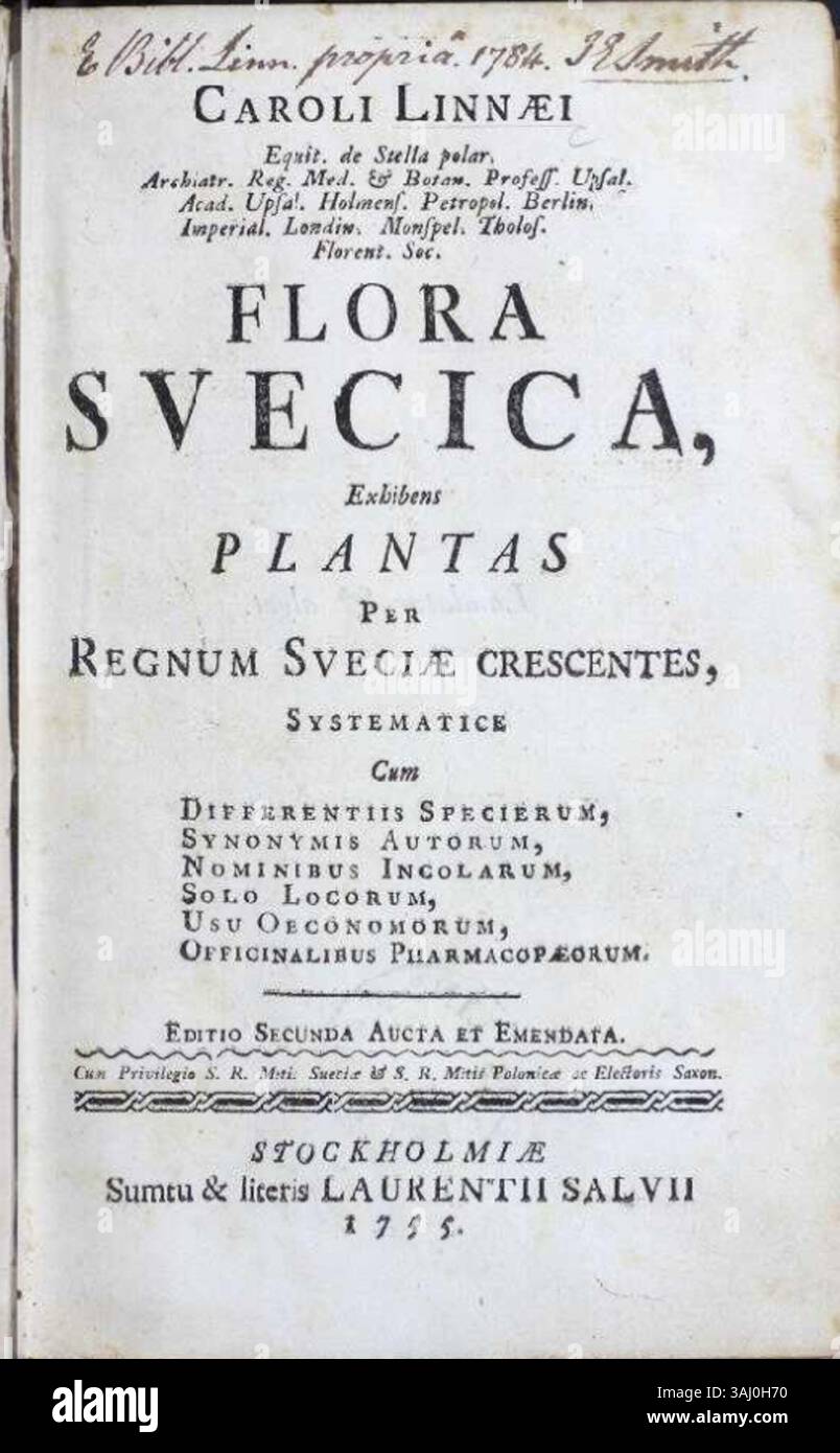 The title page of Carl Linnaeus’ book *Flora Svecica*, published in ...
