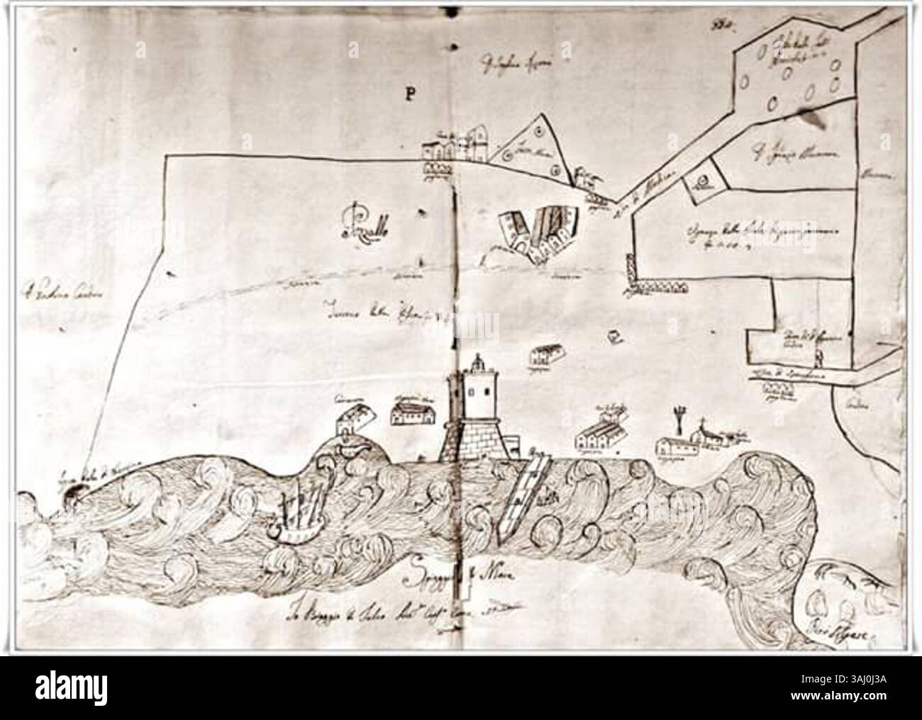 Map of Pozzallo, created in the 18th century and signed by notary Biago ...