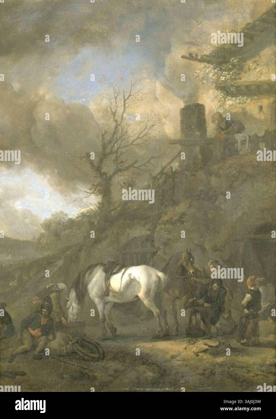 A 17th-century painting by Philips Wouwerman showing horses at a smithy ...